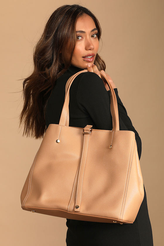 Tan Tote Bag - Faux Leather Tote Bag - Flat Bottom Tote Bag - Lulus