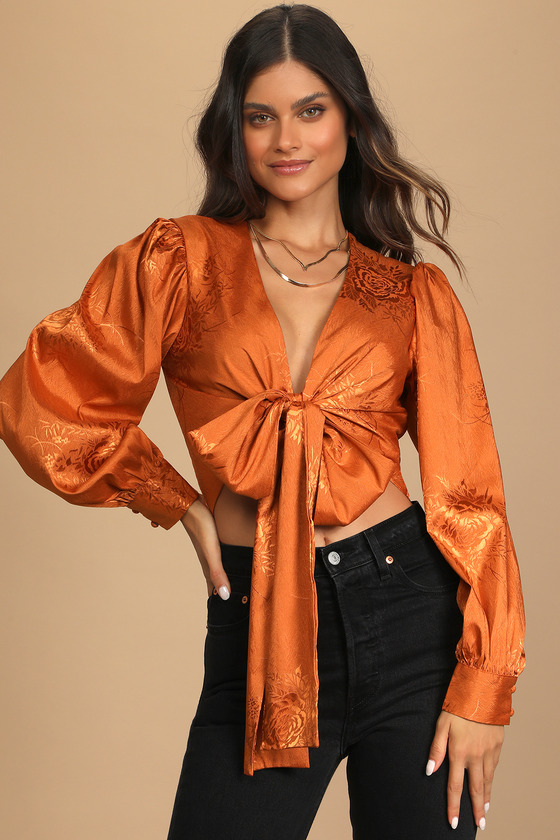 Orange Satin Cropped Top Tie Front Top Satin Jacquard Top Lulus