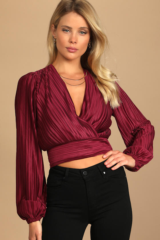 Burgundy Satin Top - Pleated Satin Top - Long Sleeve Crop Top - Lulus