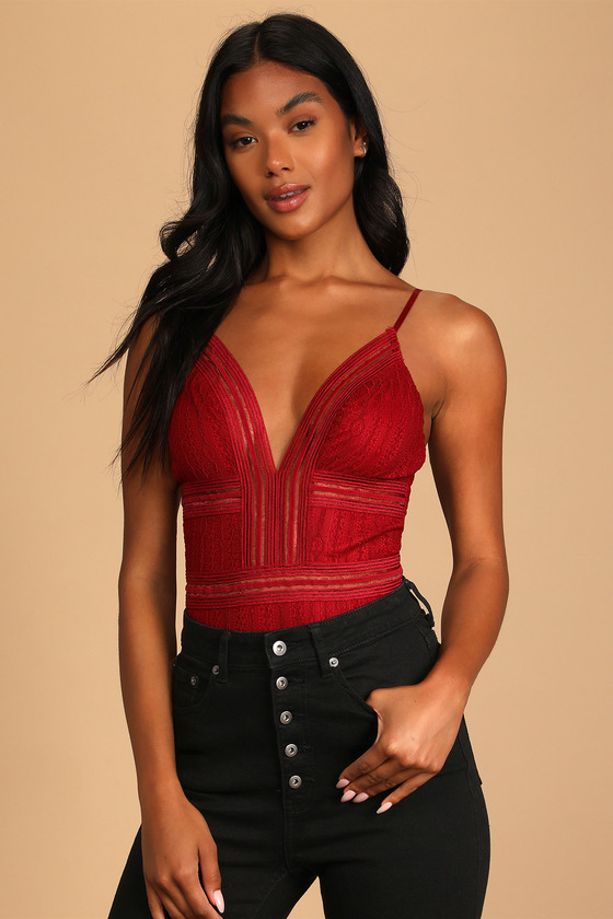 Sexy Wine Red Bodysuit Lace Bodysuit V Neck Bodysuit Lulus