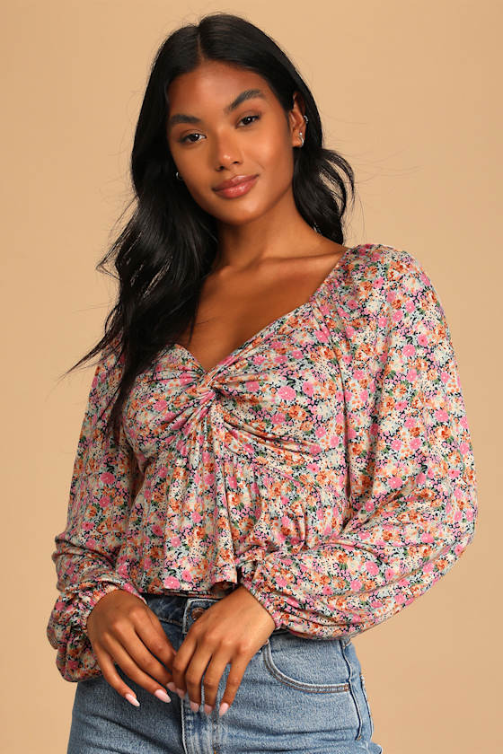 Pink Floral Top - Long Sleeve Floral Top - Twist-Front Floral Top - Lulus