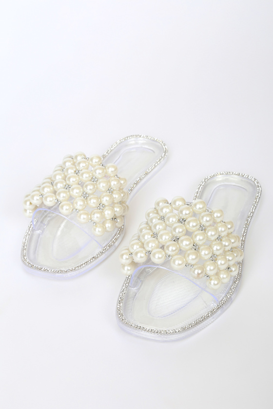 Clear Slide Sandals - Jelly Slides - Pearl Sandals - Pearl Slides - Lulus
