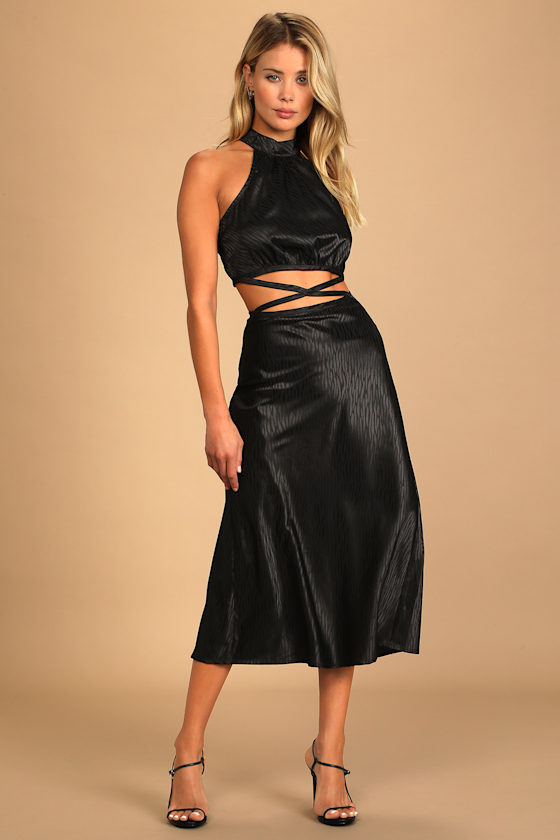 Black Midi Dress - Jacquard Print Dress - Cutout Midi Dress - Lulus