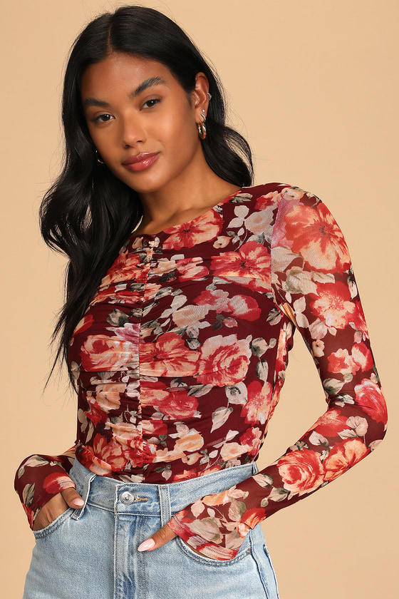 Burgundy Print Floral Top Ruched Mesh Top Womens Tops Lulus