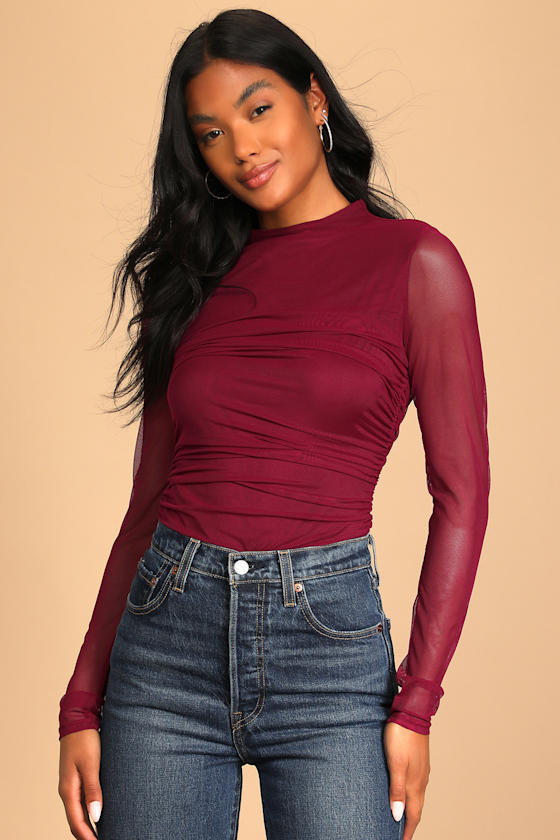 Wine Red Mesh Bodysuit - Long Sleeve Bodysuit - Ruched Bodysuit - Lulus