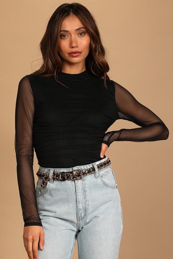 Black Mesh Bodysuit Long Sleeve Bodysuit Ruched Bodysuit Lulus