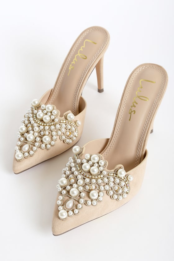 Beige Suede Pumps - Pearl Pumps - Pointed-Toe Heels - Mule Pumps - Lulus