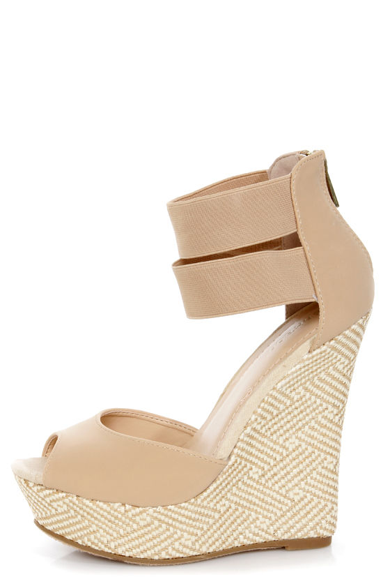 Bamboo Pompey 37 Natural Ankle Cuff Woven Platform Wedge Sandals - $36. ...
