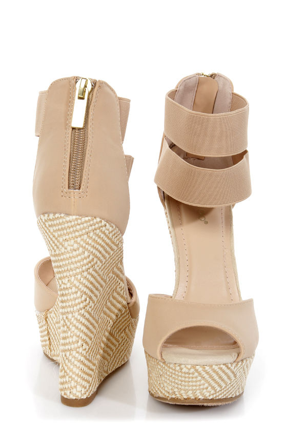 Bamboo Pompey 37 Natural Ankle Cuff Woven Platform Wedge Sandals - $36.00