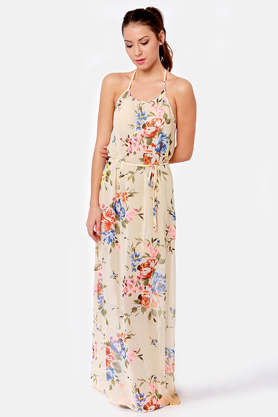 Beautiful Beige Dress Floral Print Dress Maxi Dress 51 00 Lulus