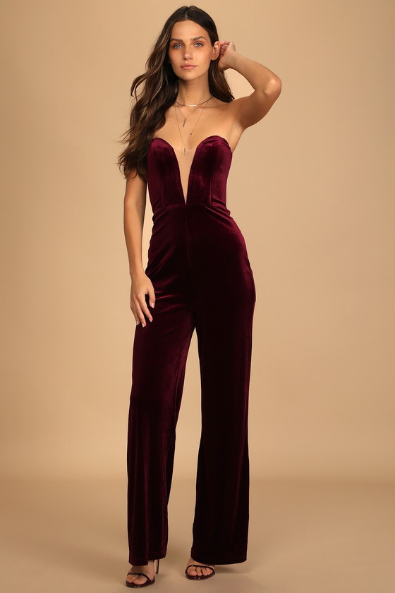 Burgundy Velvet Jumpsuit Strapless Jumpsuit Plunge Junpsuit Lulus