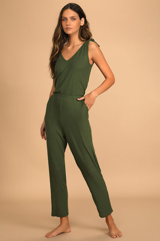 Cute Olive Green Jumpsuit - Tie-Strap Jumpsuit - Knit Jumpsuit - Lulus