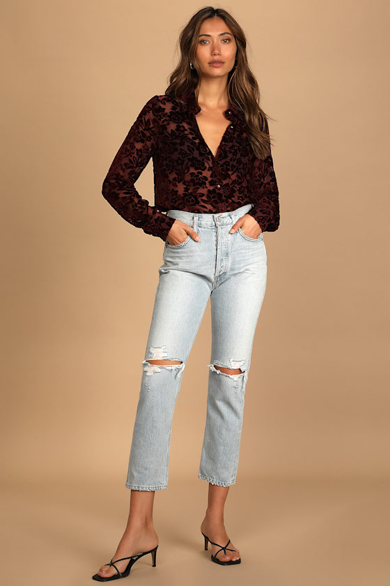 Red Top - Burnout Velvet Top - Button-Up Top - Long Sleeve Top - Lulus