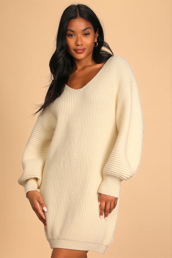 Cream Sweater Dress - Ribbed Mini Dress - Knit Long Sleeve Dress - Lulus