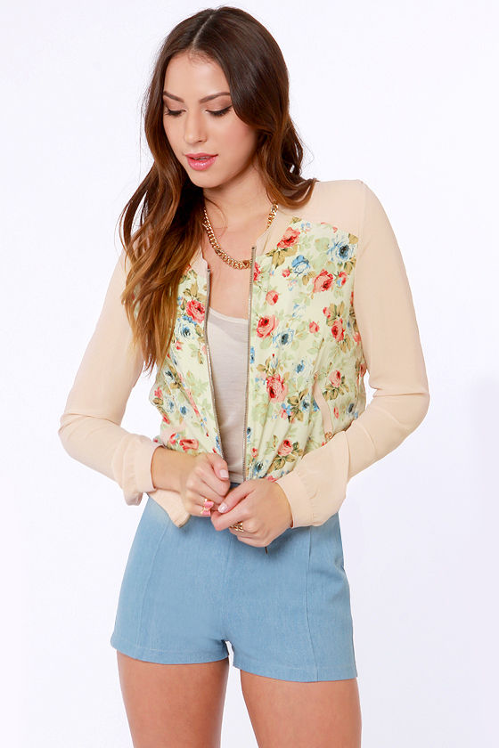 Cute Varsity Jacket - Floral Print Jacket - Bomber Jacket - Lightweight ...