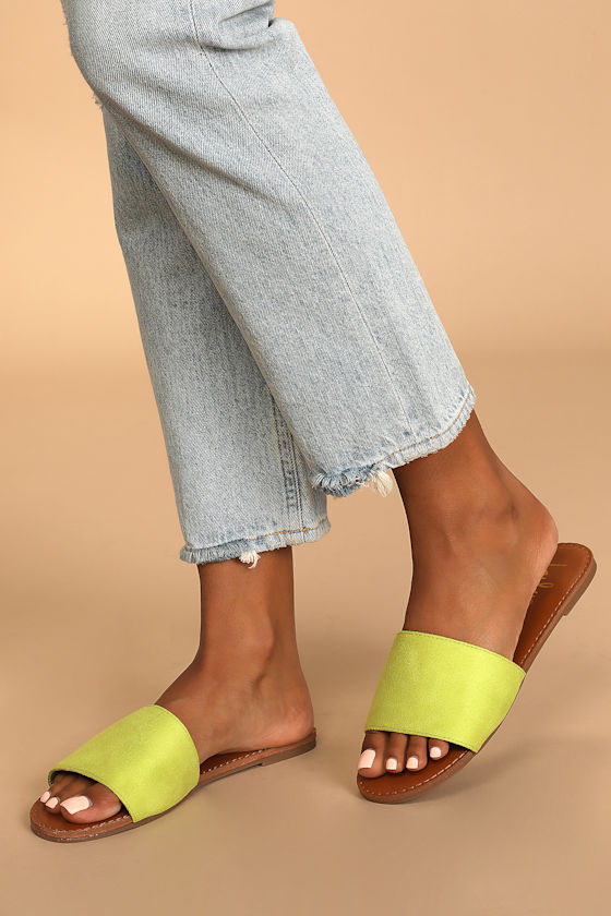 Lime Slide Sandals - White Sandals - Faux Leather Sandals - Lulus