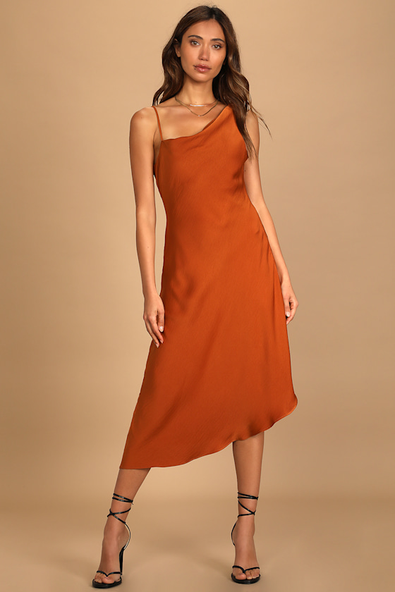 Orange Dress - Asymmetrical Midi Dress - Cowl Neck Dress - Lulus