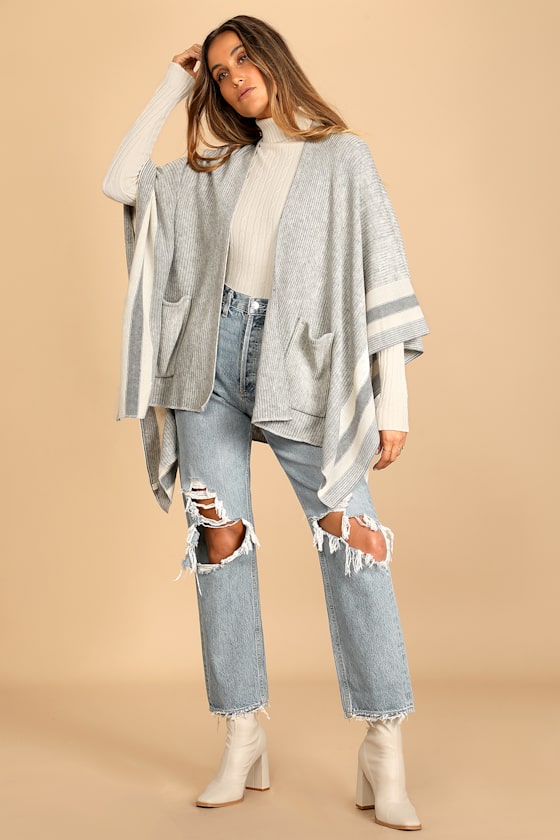 Grey Knit Wrap - Striped Wrap - Sweater Wrap - Knit Kimono - Lulus