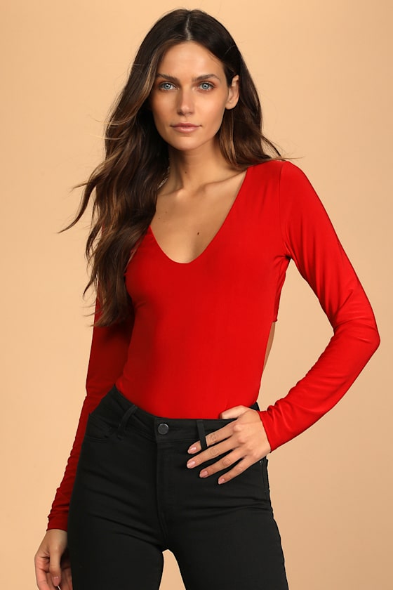 Red Bodysuit - Long Sleeve Bodysuit - Lace-Up Bodysuit - Lulus
