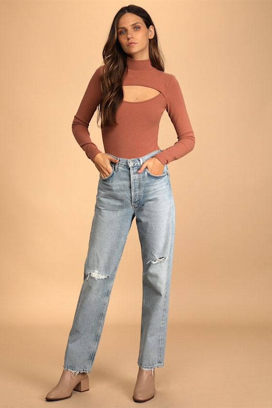 Light Brown Bodysuit - Long Sleeve Bodysuit - Turtleneck Top - Lulus