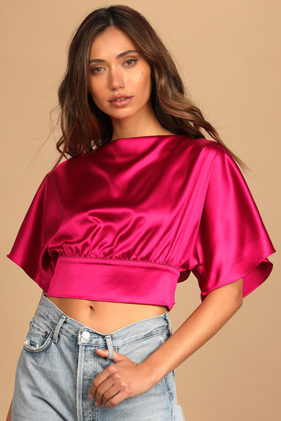 Hot Pink Satin Top - Short Sleeve Crop Top - Tie-Back Top - Lulus