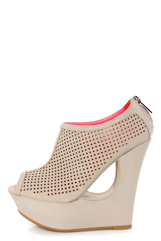 Bamboo Reveal 01 Stone Beige Perforated Peep Toe Shootie Wedges - $44. ...