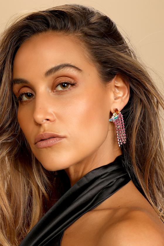 Purple Multi Earrings - Rhinestone Earrings - Fringe Earrings - Lulus