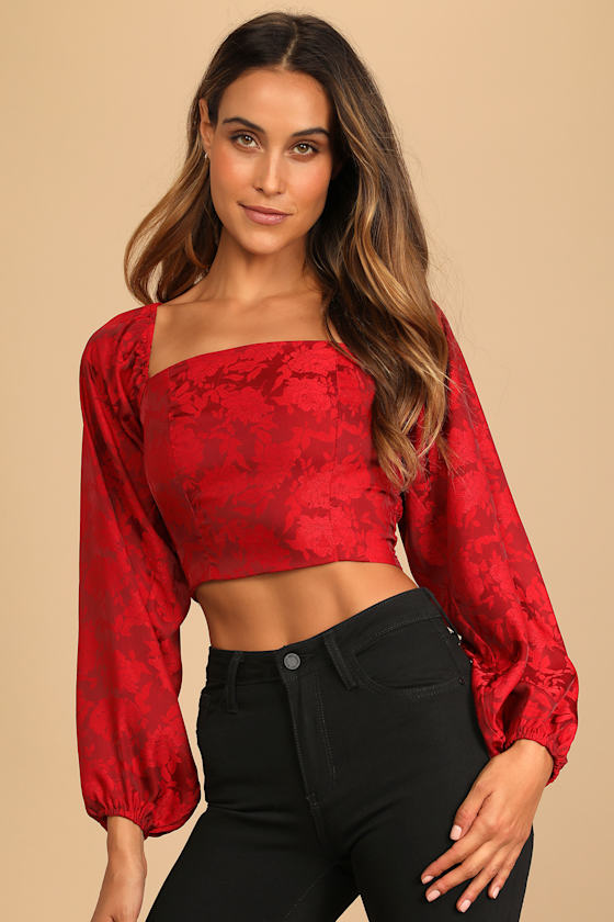 Red Lace-Up Top - Floral Jacquard Top - Crop Top - Smocked Top - Lulus