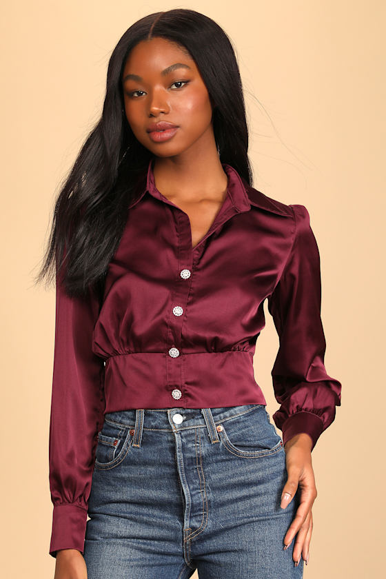 Plum Purple Blouse - Satin Button-Up Top - Rhinestone Top - Lulus