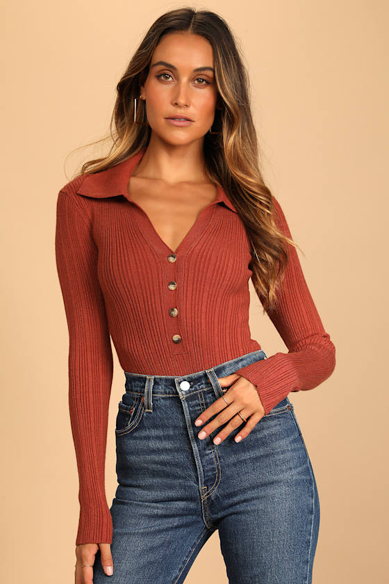 Rust Brown Bodysuit - Collared Bodysuit - Women's Tops - Lulus