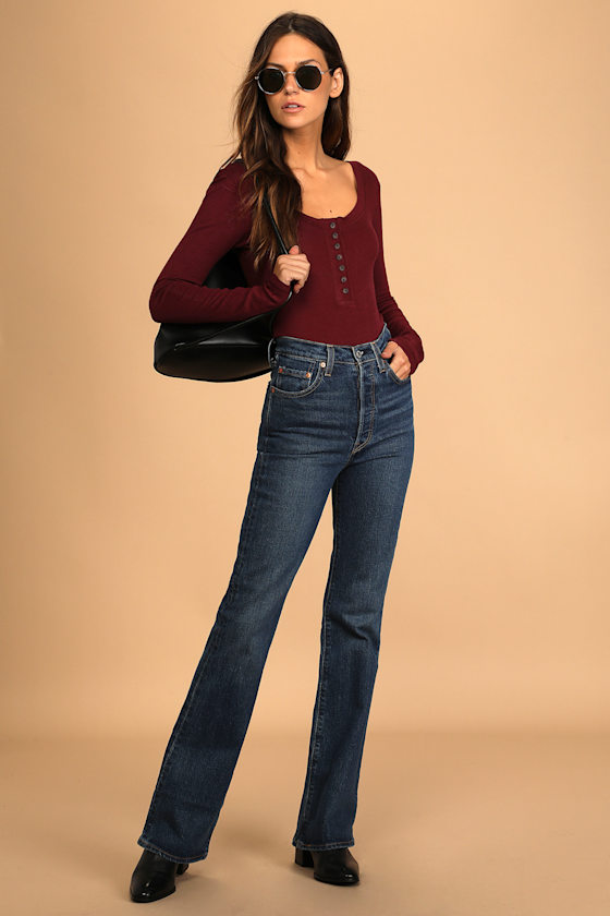 Ribbed Bodysuit - Henley Bodysuit - Burgundy Long Sleeve Bodysuit - Lulus