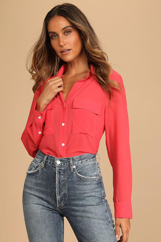 Coral Pink Top - Button-Up Top - Women's Tops - Neon Top - Lulus