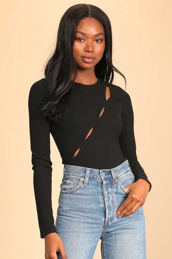 Black Bodysuit Cutout Bodysuit Ribbed Long Sleeve Bodysuit Lulus