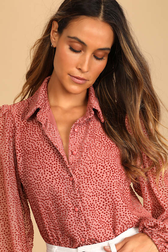 Pink Dotted Top - Collared Blouse - Women's Button-Up Top - Lulus