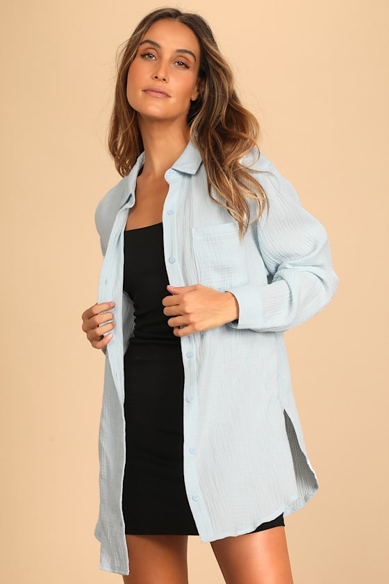 Blue Long Sleeve Top - Oversized Long Sleeve Top - Button-Up Top - Lulus