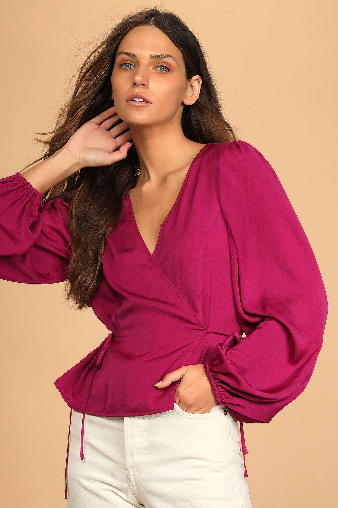 Satin Magenta Top - Satin Blouse - Long Sleeve Top - Wrap Top - Lulus