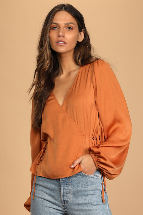Satin Orange Top - Satin Blouse - Long Sleeve Top - Wrap Top - Lulus