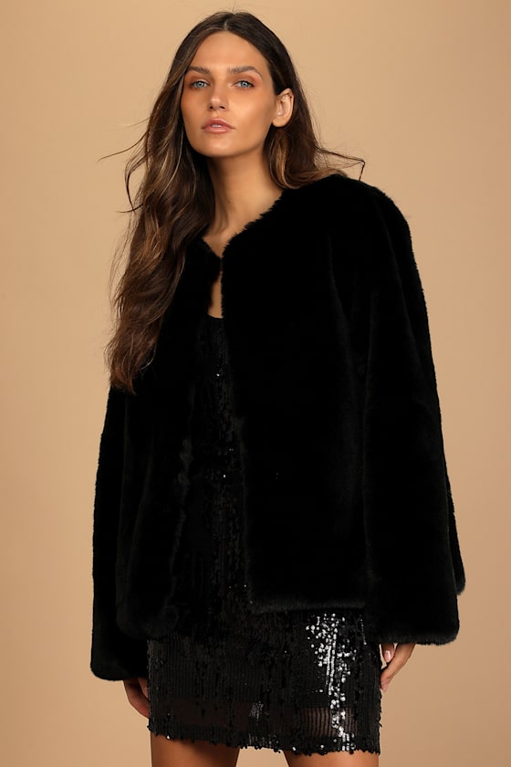 Black Coat - Faux Fur Coat - Black Fur Coat - Collarless Coat - Lulus