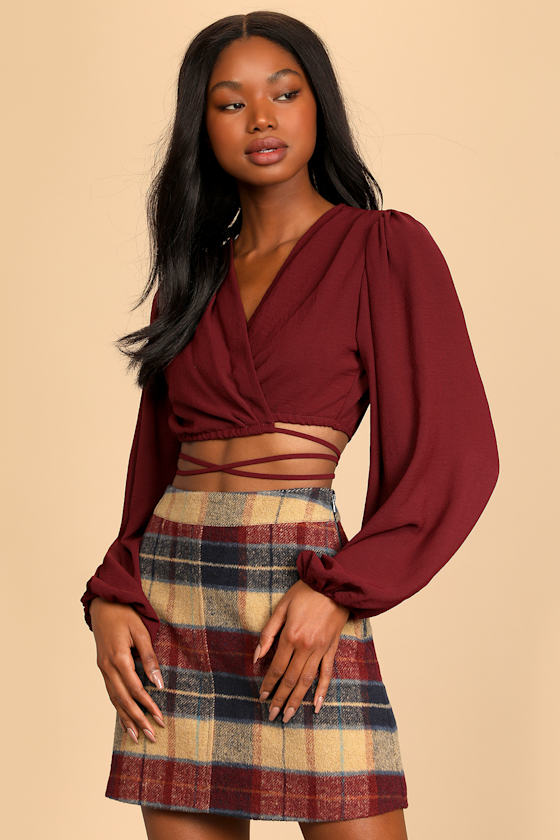 Burgundy Crop Top - Long Sleeve Top - Midriff Floss Top - Lulus