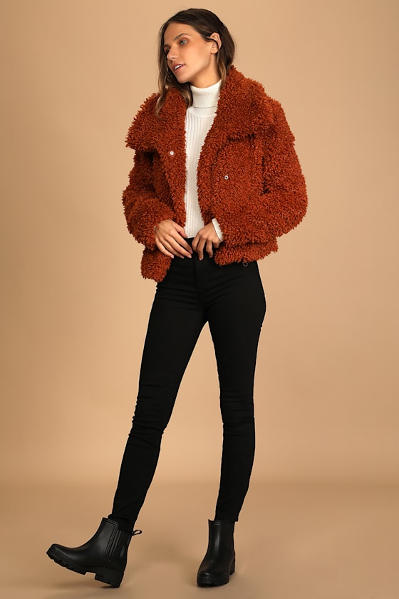 Rust Orange Jacket - Teddy Jacket - Faux Fur Coat - Woven Coat - Lulus