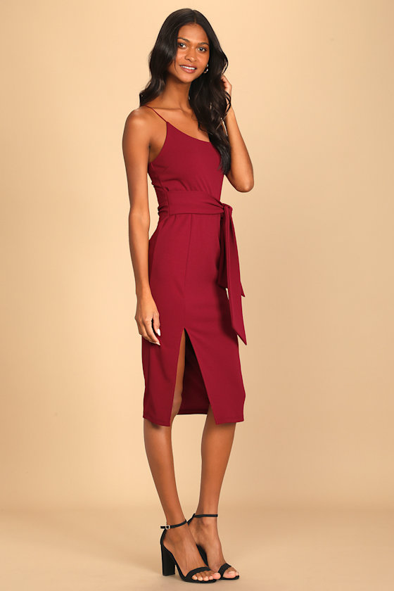 Wine Red Midi Dress Bodycon Midi Dress One Shoulder Dress Lulus