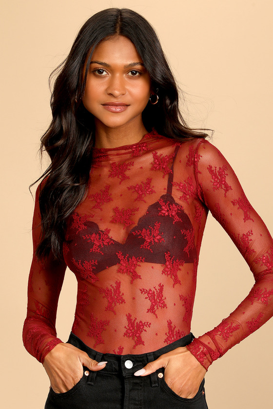 Free People Lady Lux Sheer Lace Top Burgundy Lace Top Lulus