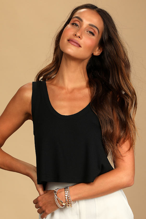 Black Top Ribbed Tank Top Scoop Neck Crop Top Womens Tops Lulus