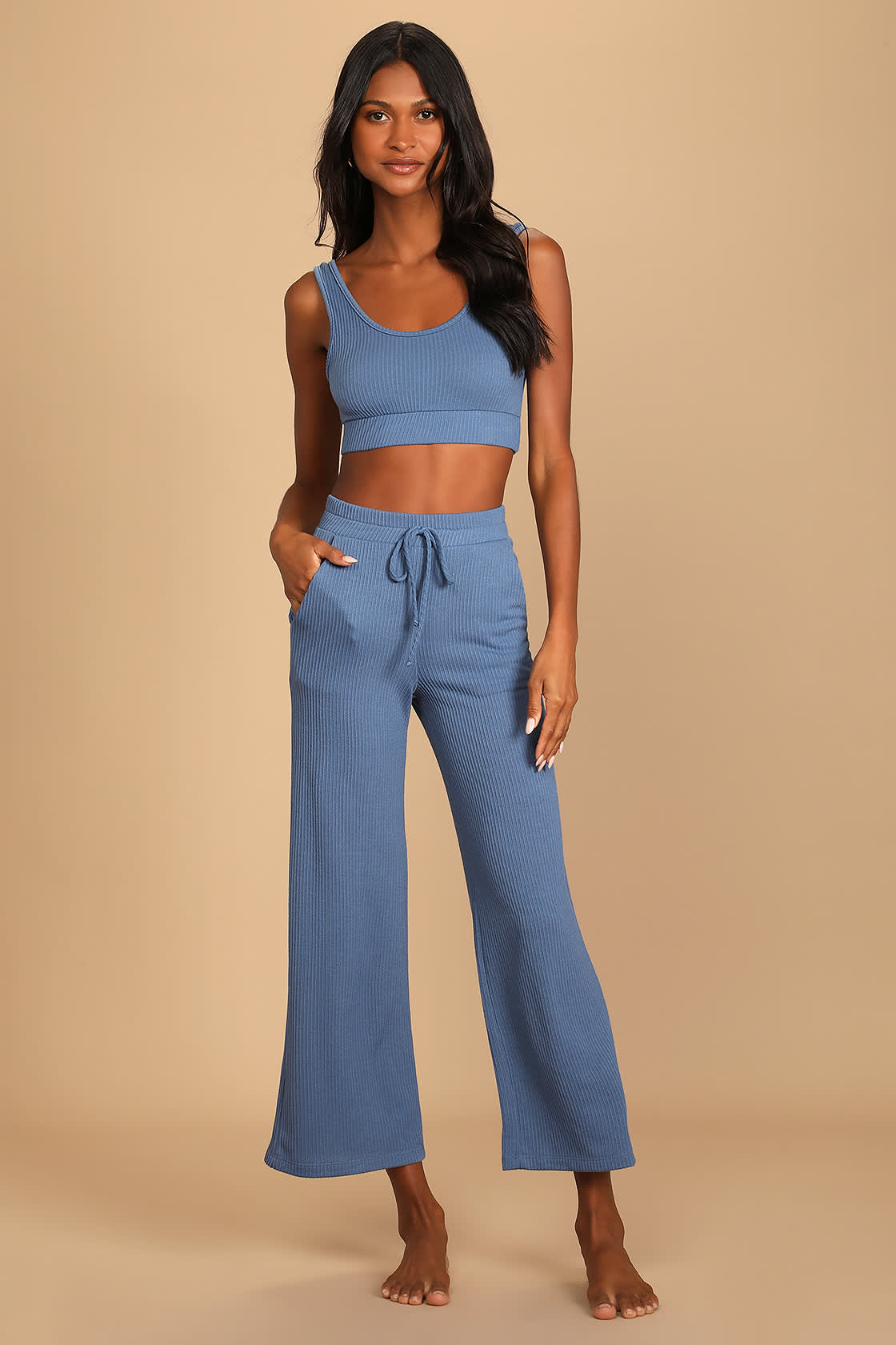 Denim Blue Pajama Set - Two-Piece Pajama Set - Ribbed Pajamas - Lulus