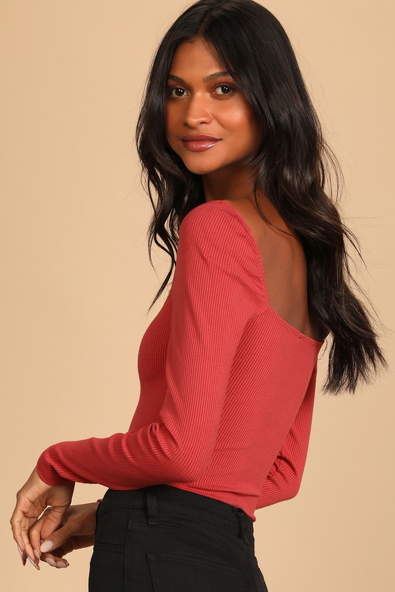 Brick Bodysuit Ribbed Long Sleeve Bodysuit Square Neck Top Lulus