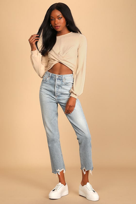 Beige Long Sleeve Top - Twist Hem Top - Soft Lounge Top - Lulus
