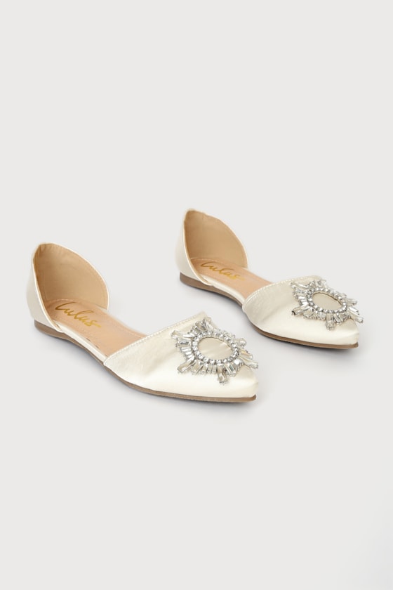 Ivory Flats - Rhinestone Flats - Pointed-Toe Flats - Satin Flats - Lulus