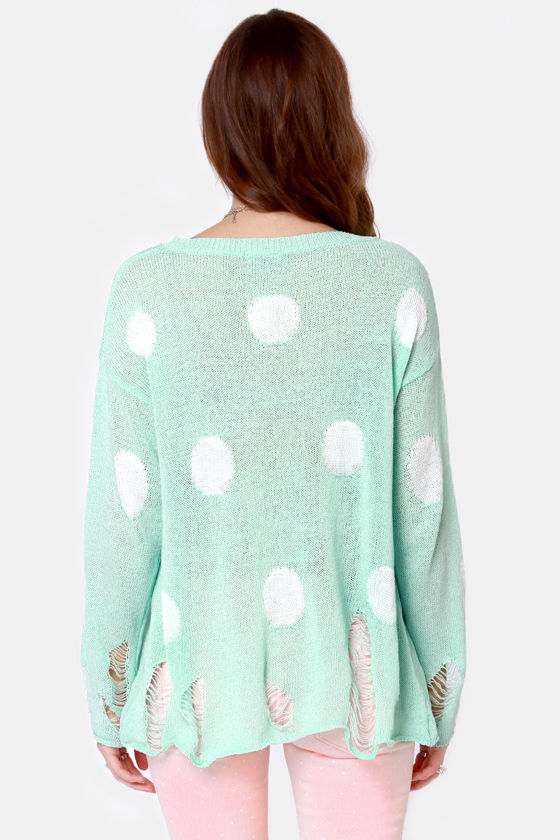 Cute Mint Sweater - Polka Dot Sweater - Shredded Sweater - $46.50