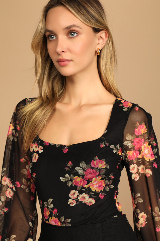 Floral Print Bodysuit - Mesh Bodysuit - Black Bodysuit - Bodysuit - Lulus