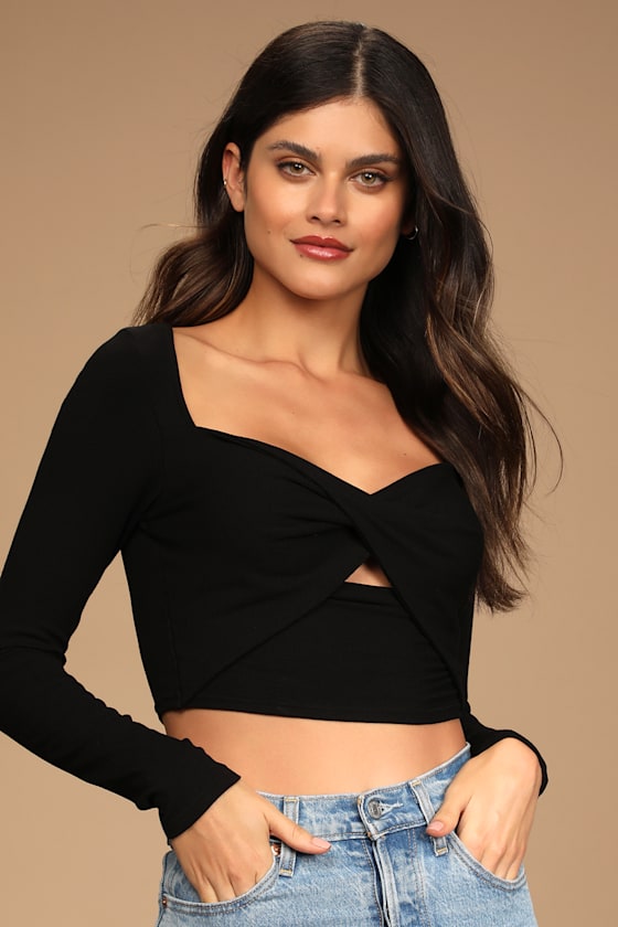Black Crop Top - Ribbed Top - Cross-Front Top - Long Sleeve Top - Lulus